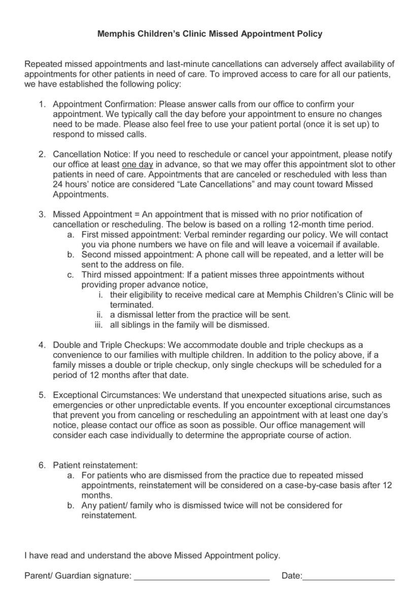 Missed Appointment Policy - Memphis Children's Clinic - Six Memphis ...